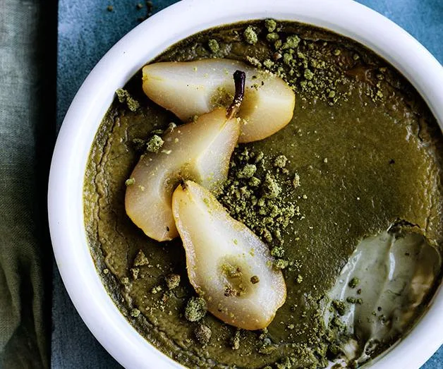Baked matcha custard with ginger-poached pears recipe | Gourmet Traveller