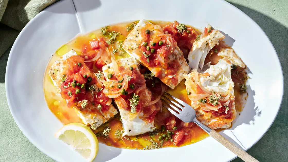 Kafeneion's baked blue-eyed trevalla recipe - Gourmet Traveller