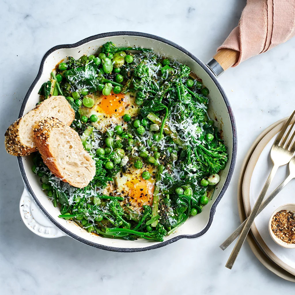 Spring greens, miso and furikake baked eggs recipe - Gourmet Traveller