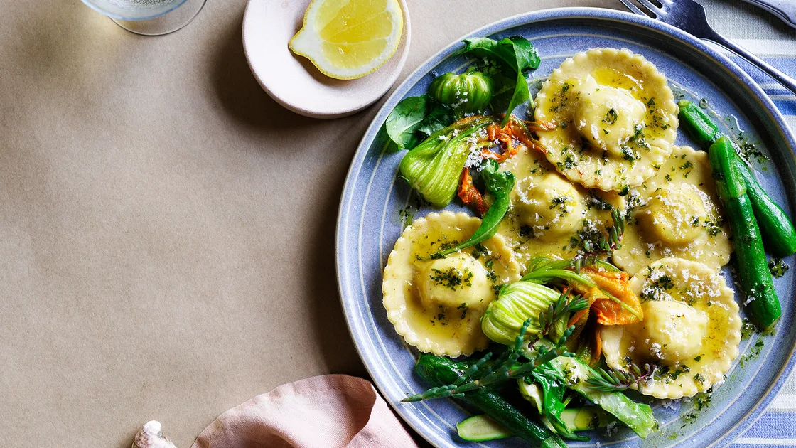 Ravioli with Peas, Ricotta and Zucchini Flowers