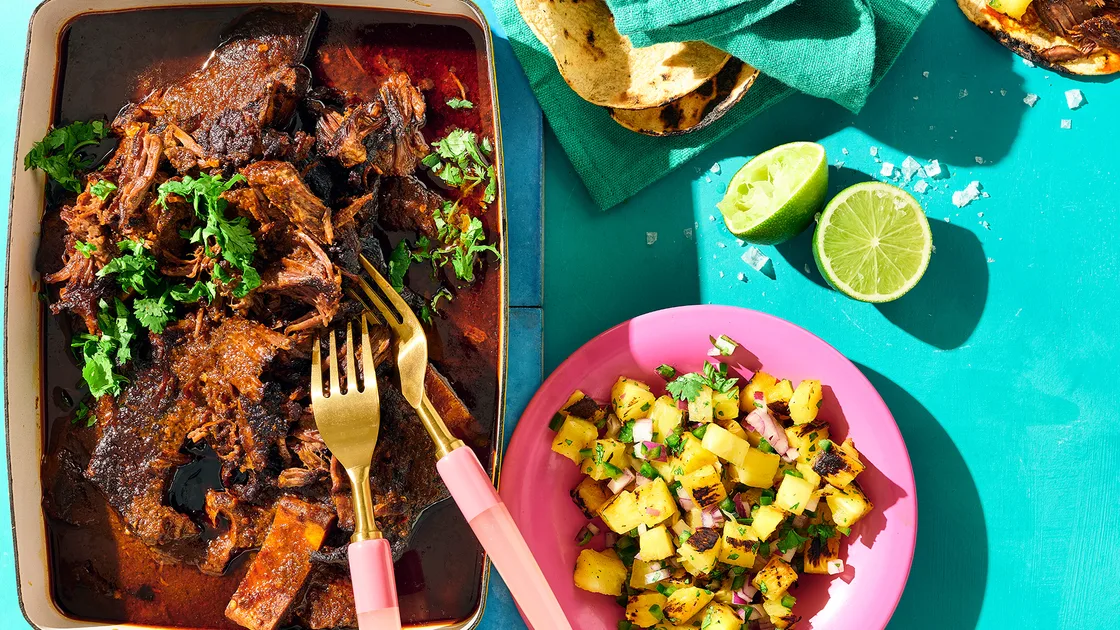 Birria Tacos with Beef Short Ribs and Pineapple Salsa