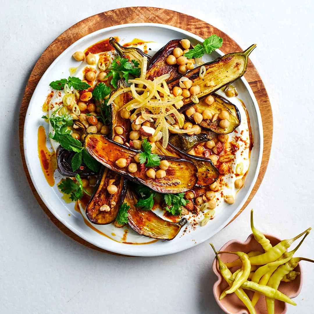 Chickpeas with steamed eggplant, almonds and harissa recipe - Gourmet Traveller