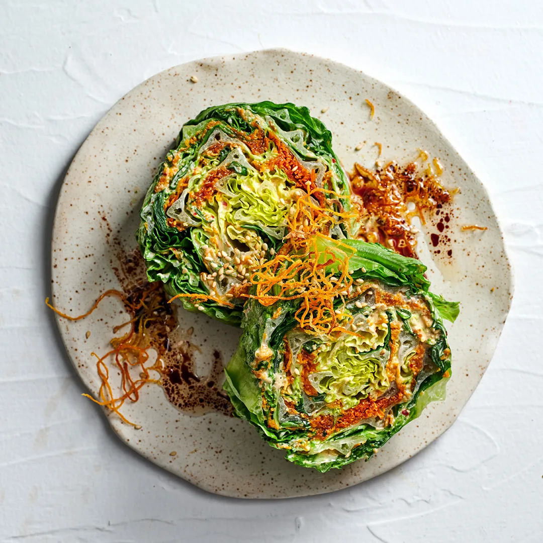 Woodcut's cos lettuce with kimchi and sesame dressing recipe - Gourmet ...