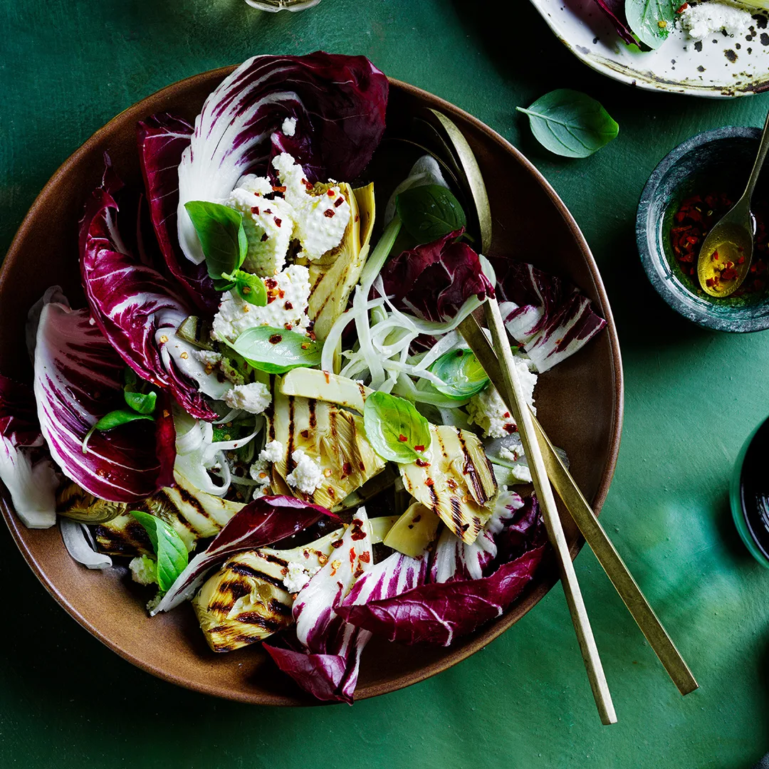 Grilled marinated artichoke and buffalo ricotta salad - Gourmet Traveller
