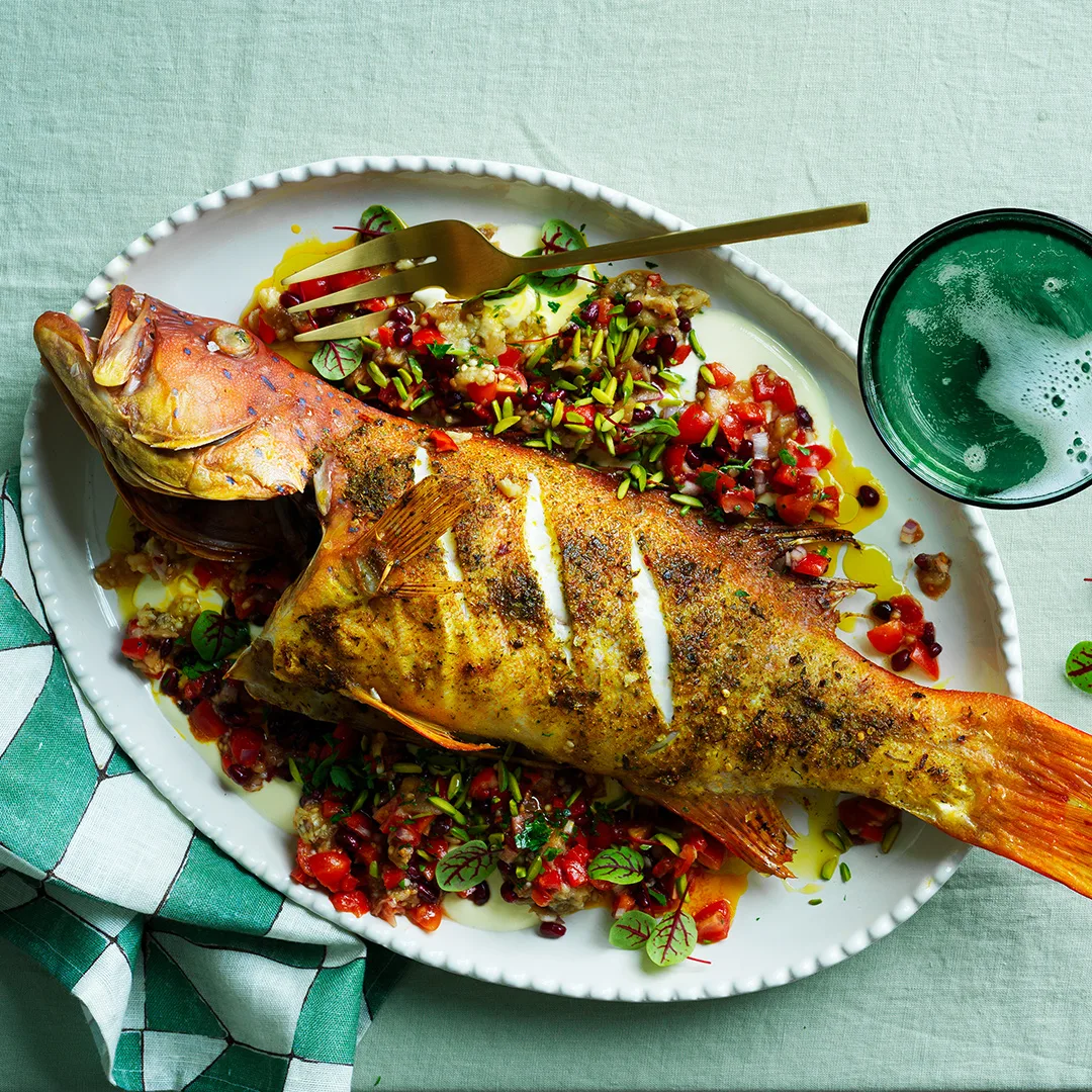 Spiced coral trout with eggplant ezme - Gourmet Traveller