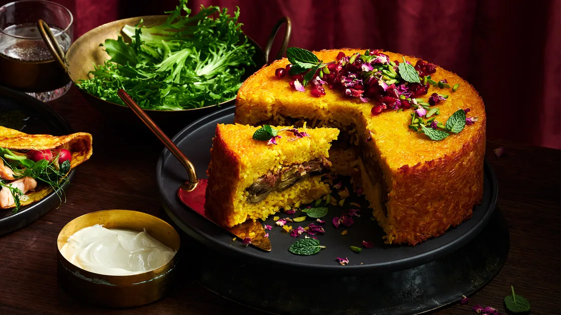 Tachin with caramelised onion, pomegranate and pistachios recipe ...