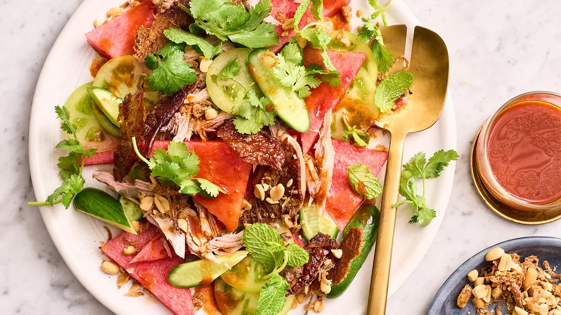 Watermelon, duck and cucumber salad recipe - Gourmet Traveller