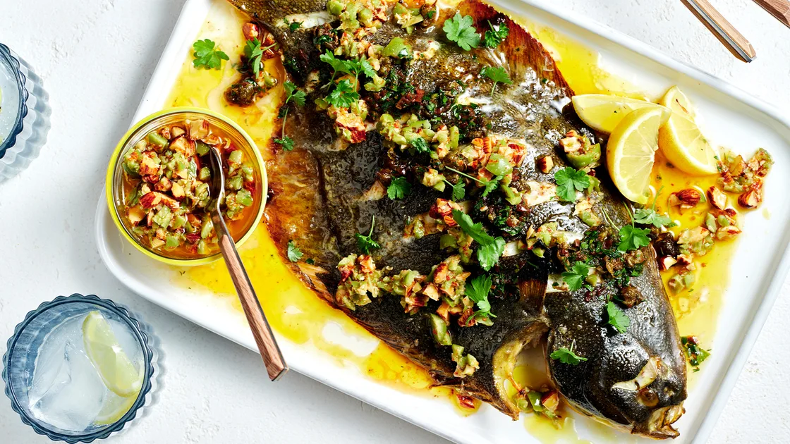 Mediterranean-style whole flounder recipe with green olive salsa ...