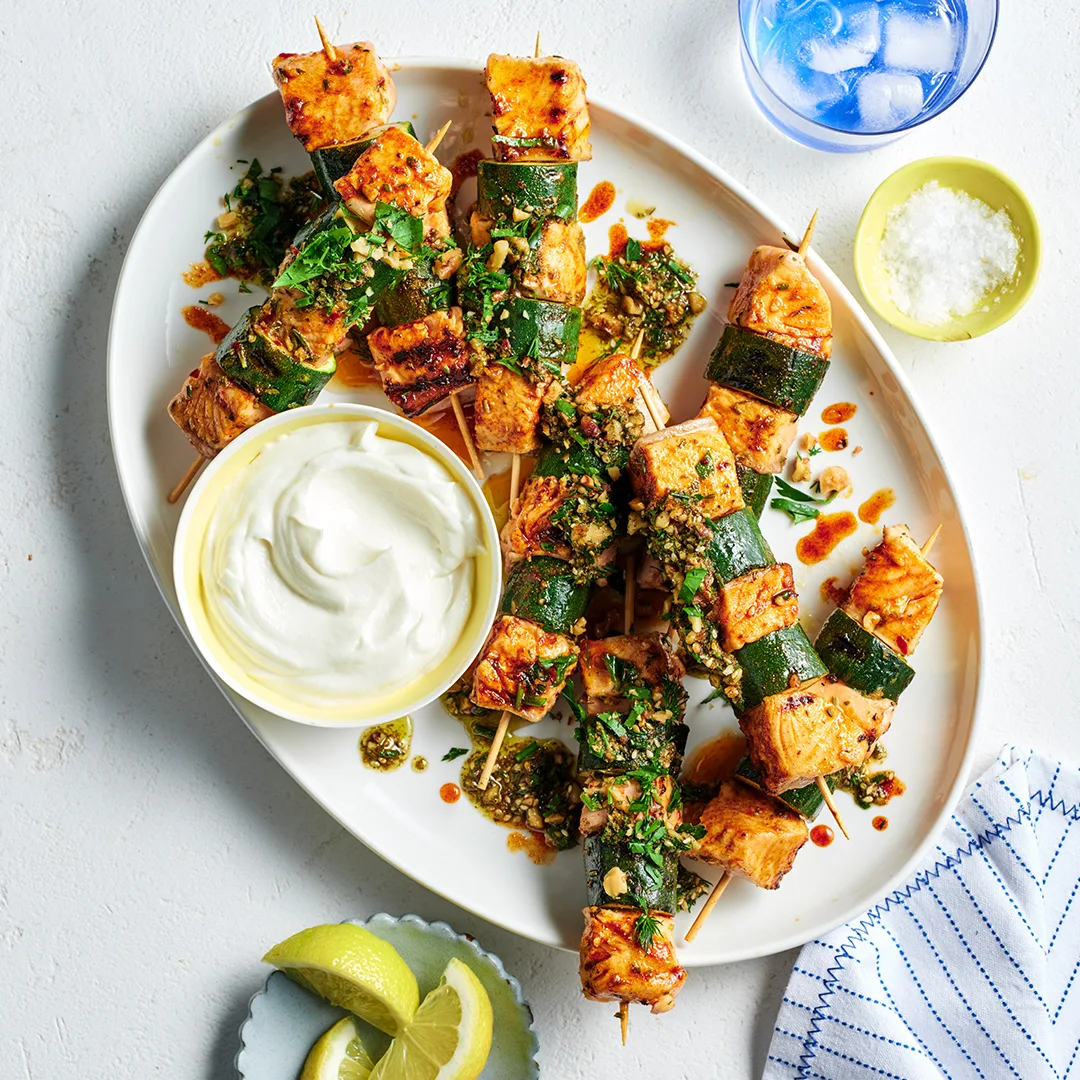 Salmon skewers with za’atar and walnut salsa recipe - Gourmet Traveller