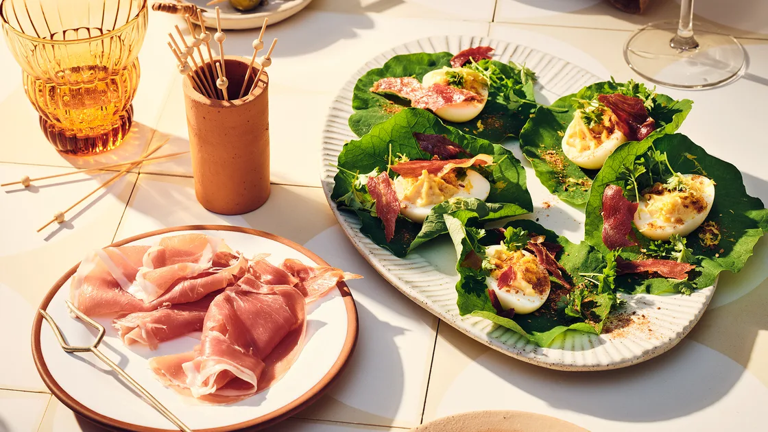 Spanish devilled eggs recipe with crisp jamón - Gourmet Traveller