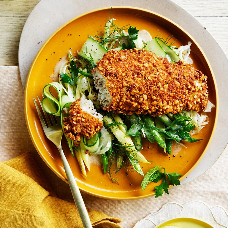 Almond-crusted snapper with buttermilk dressing and summer slaw ...