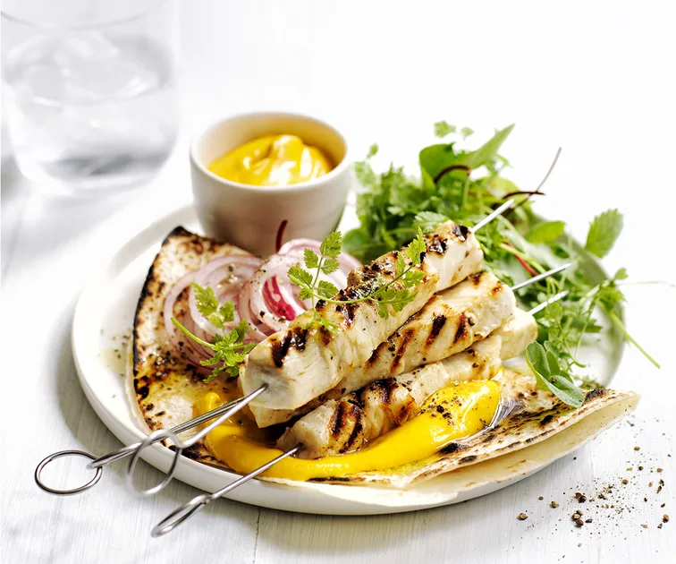 Chicken skewers with carrot skordalia recipe - Gourmet Traveller