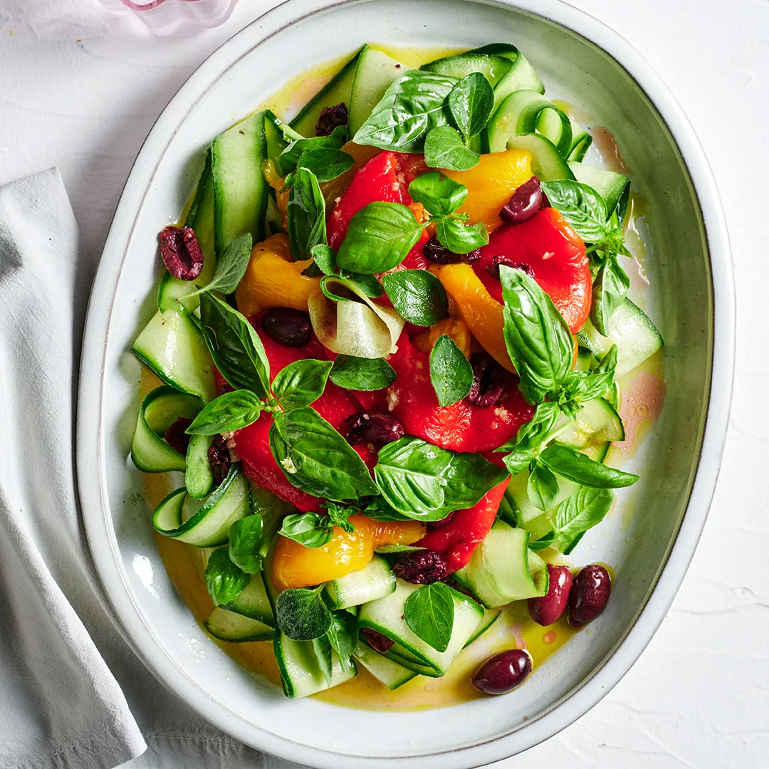 Roasted capsicum, cucumber and herb salad recipe - Gourmet Traveller