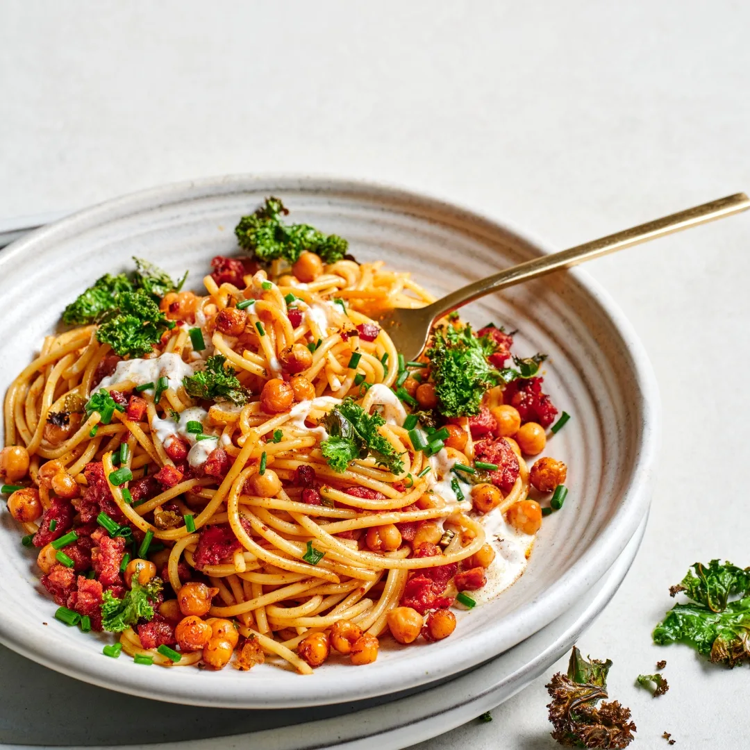Chorizo and chickpea pasta with harissa and butter yoghurt recipe ...