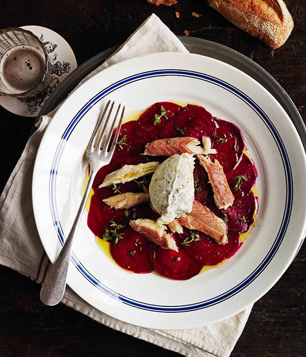 Smoked eel, pickled beetroot and horseradish | Gourmet Traveller
