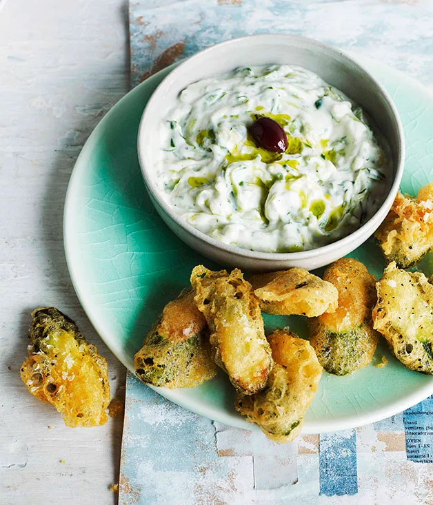 Tzatziki with zucchini fritters recipe | Gourmet Traveller