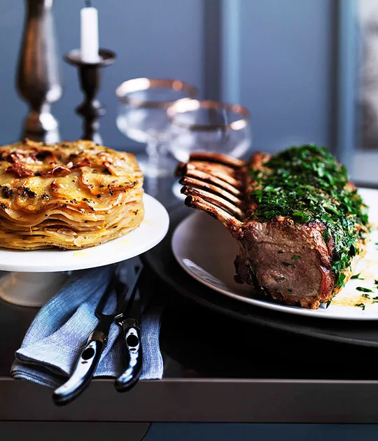 Mustard-Crusted Veal Rack with Potato and Celeriac Gratin
