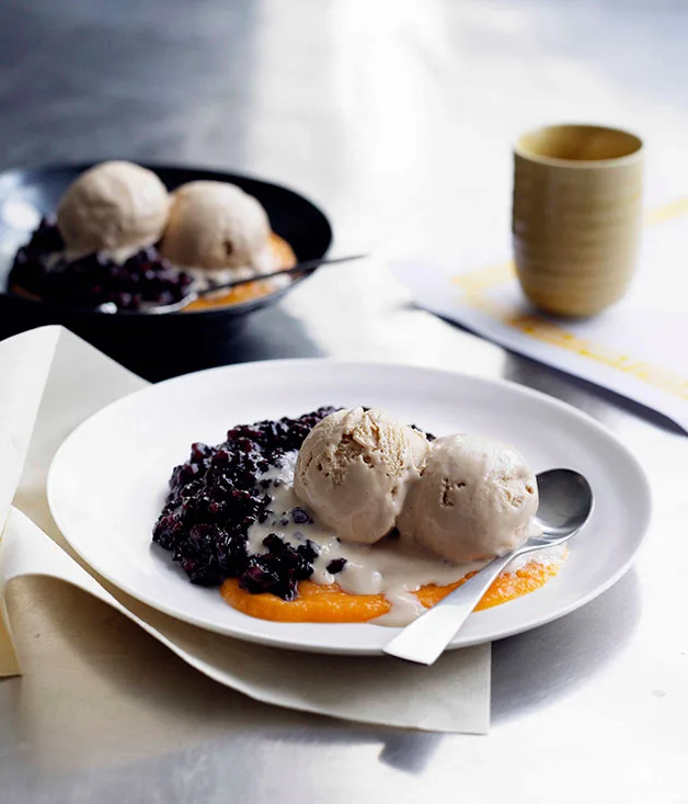 Coconut Ice-Cream with Glutinous Rice and Pumpkin Sauce