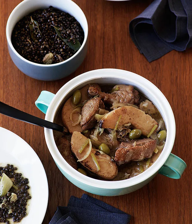 Duck with quince, olives and lentils | Gourmet Traveller