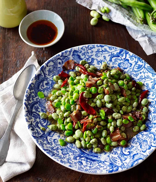 Stir-fried broad beans with Chinese bacon recipe | Gourmet Traveller