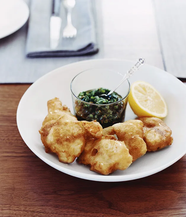 Scallop fritters with rocket salsa verde | Gourmet Traveller