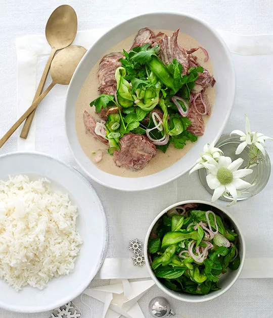 Coconut-Braised Wagyu Beef Shin with Pickled Cucumber Salad