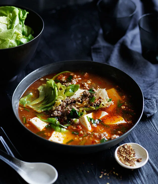 Spicy Sichuan Soup with Pork, Lettuce and Soft Tofu Recipe