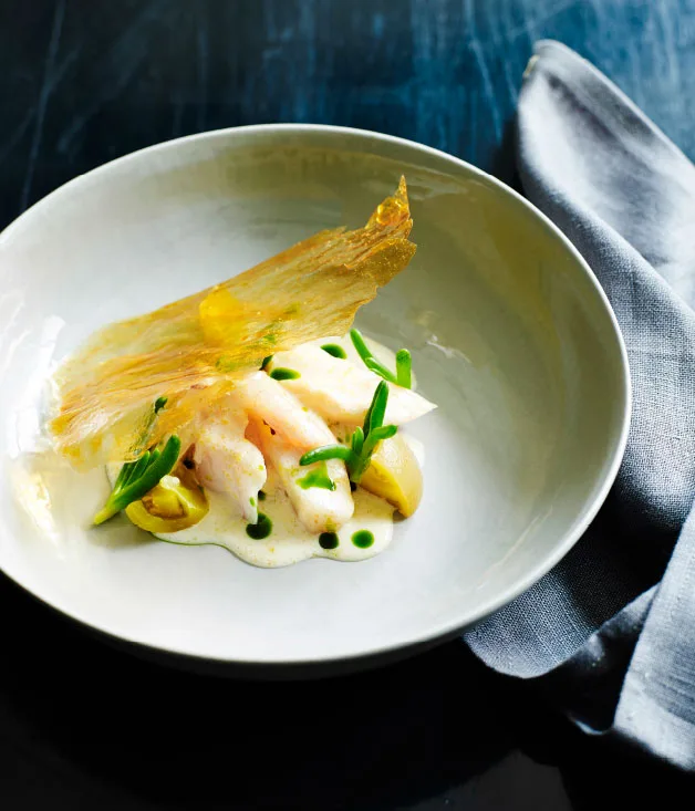 Bass groper with fish milk, green tomato and potato paper recipe | Mark ...