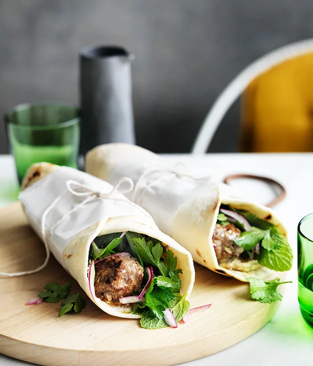 Lamb kofta wraps with parsley and onion salad recipe | Gourmet Traveller