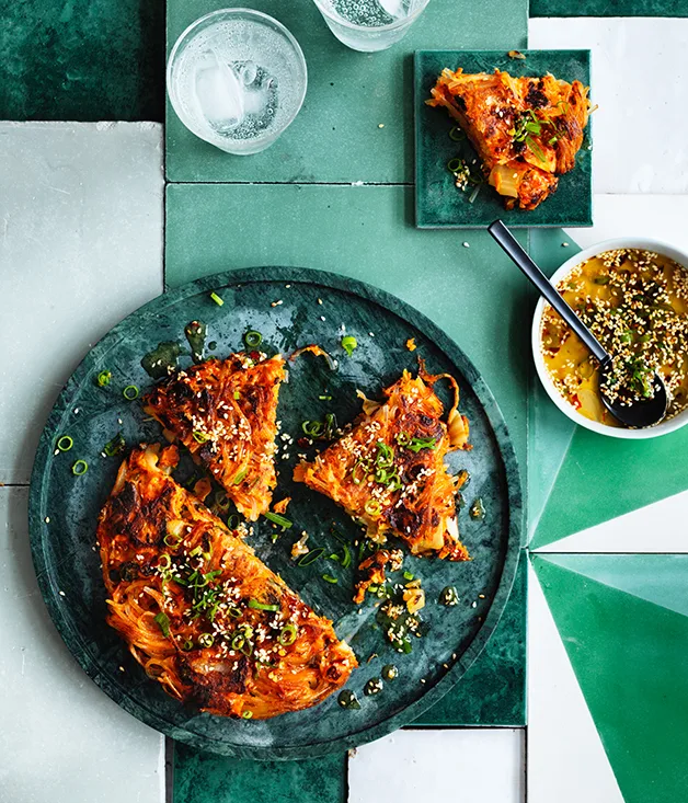 Kimchi noodle pancakes recipe | Gourmet Traveller