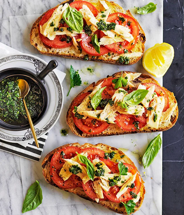 Preserved tuna and tomato open-faced panini recipe | Gourmet Traveller