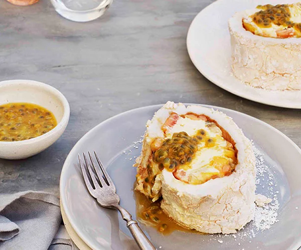 Rolled soft meringue with tropical fruit and lime mascarpone recipe ...