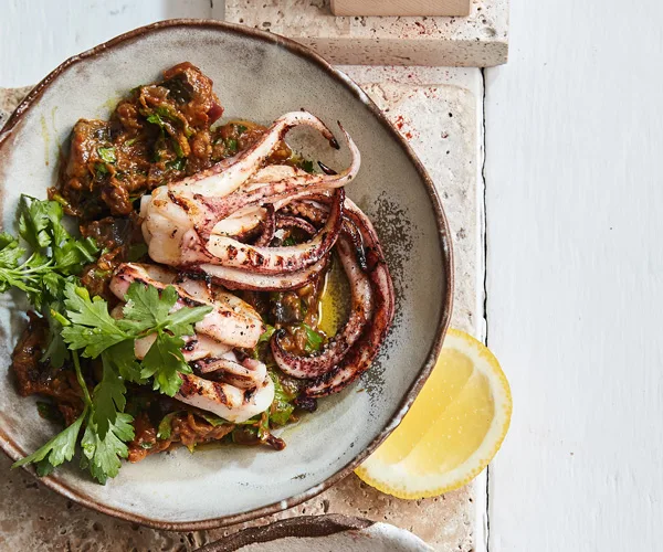 Calamari recipe with spiced eggplant | Gourmet Traveller