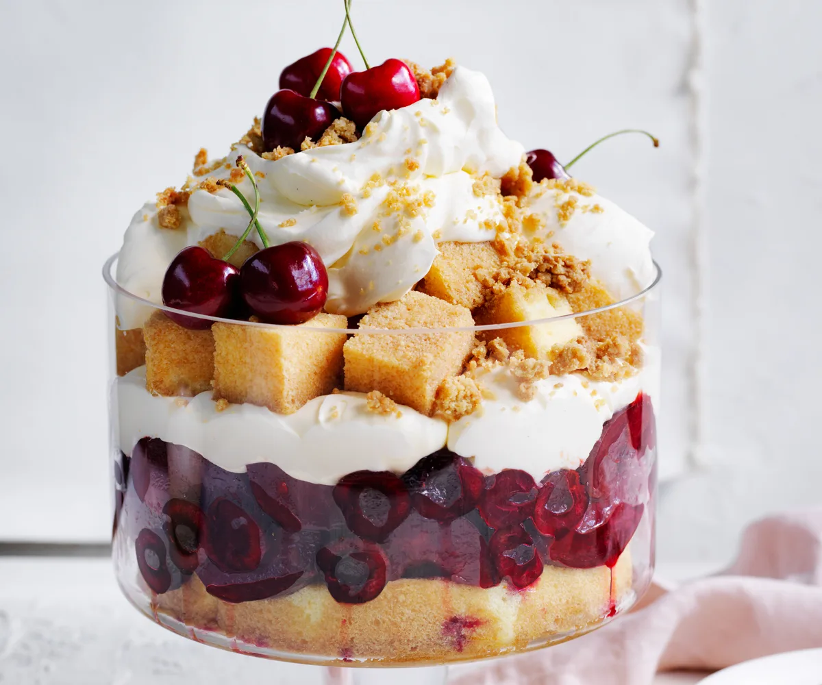 Plum and cherry trifle recipe with coffee and cardamom crumb | Gourmet ...