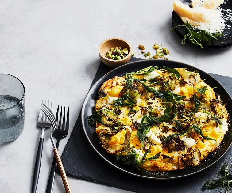 Feta and polenta frittata with crisp Brussels sprouts | Gourmet Traveller