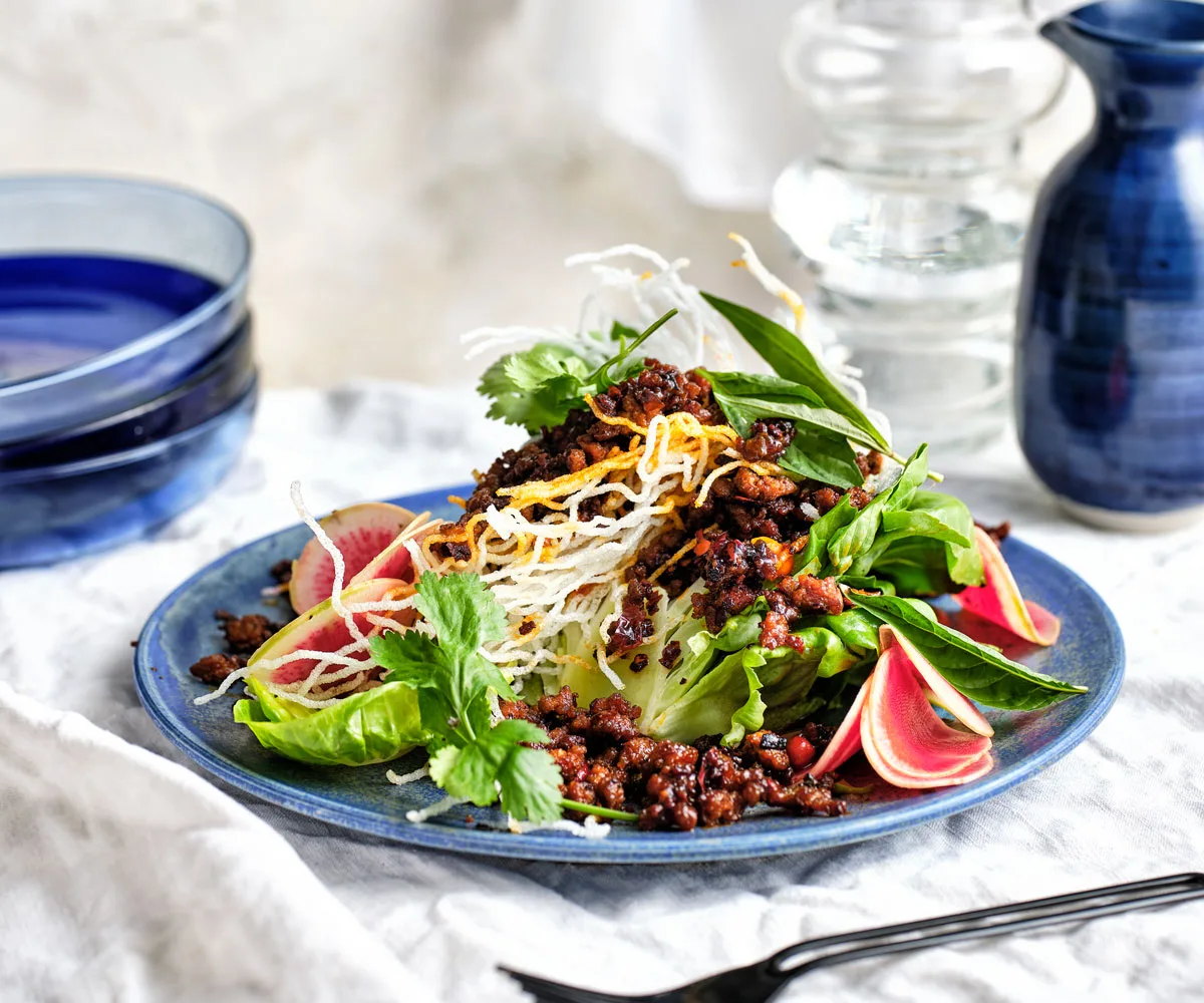 Lamb larb with crisp vermicelli recipe | Gourmet Traveller