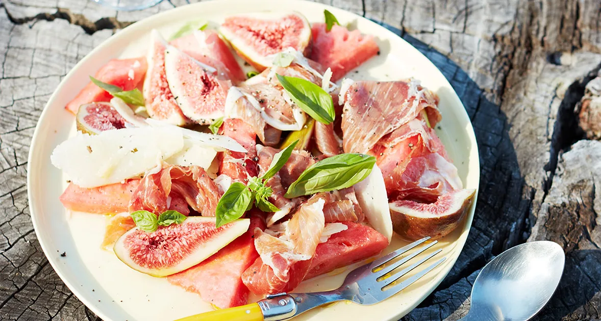 Fig, watermelon and jamón salad recipe | Gourmet Traveller