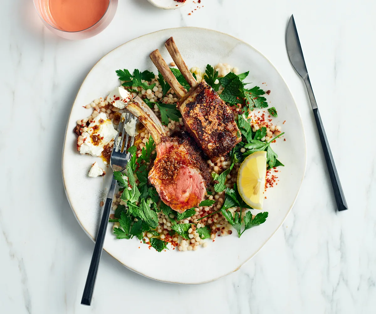 Lamb rack with couscous salad recipe | Gourmet Traveller