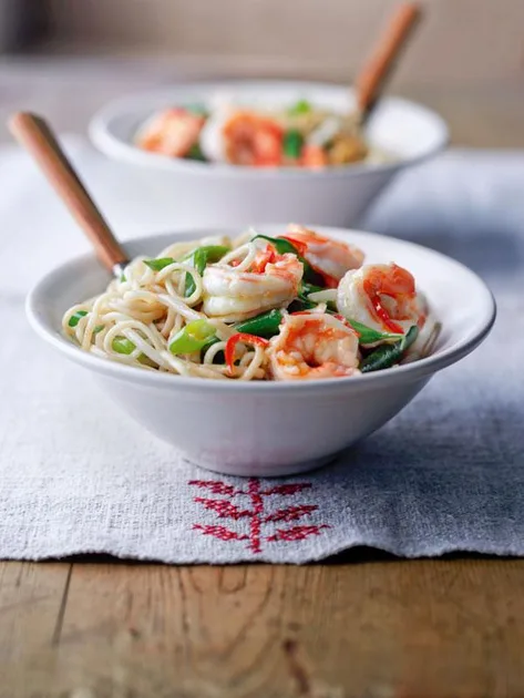 Sticky prawns and noodles