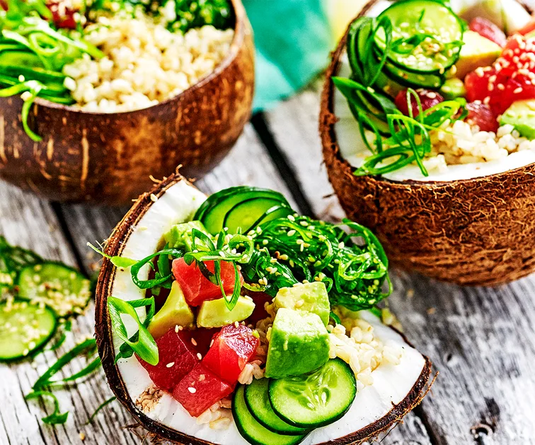 Hawaiian brown rice poke bowl