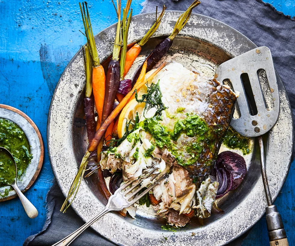 Tray-baked mullet with green herb dressing