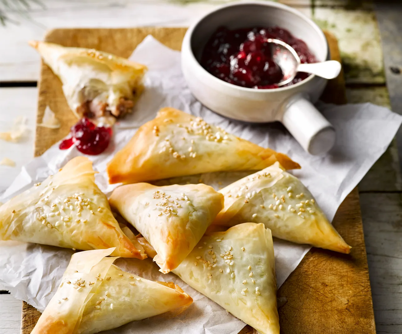 Chicken, cranberry and brie filo parcels
