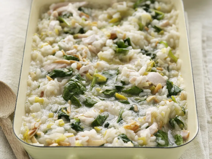 Baked smoked chicken and spinach risotto