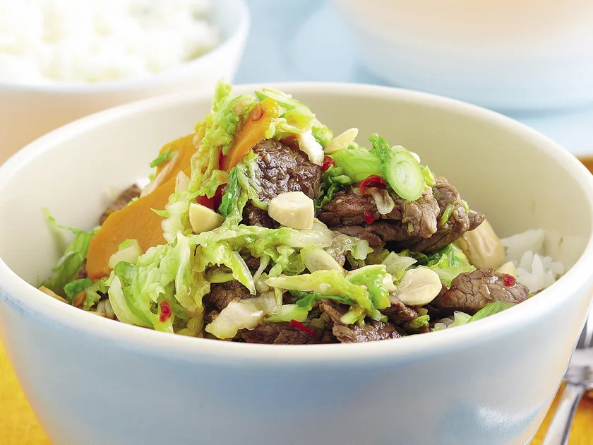 Beef, pumpkin and almond stir-fry