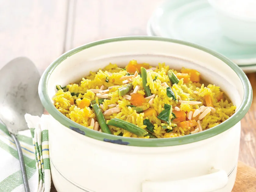Curried pumpkin, silverbeet and almond pilaf