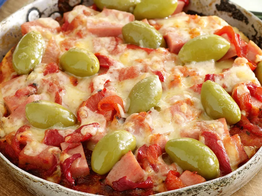 Ham and olive pan pizza