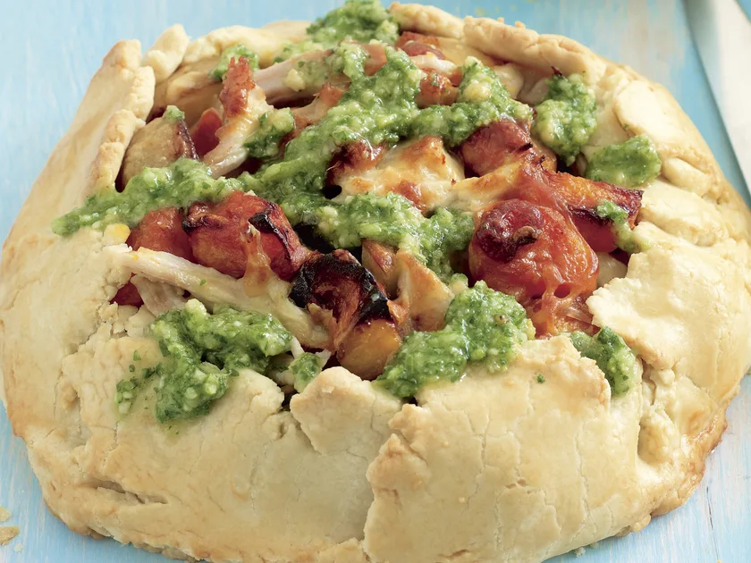 Freeform chicken tart with rocket pesto