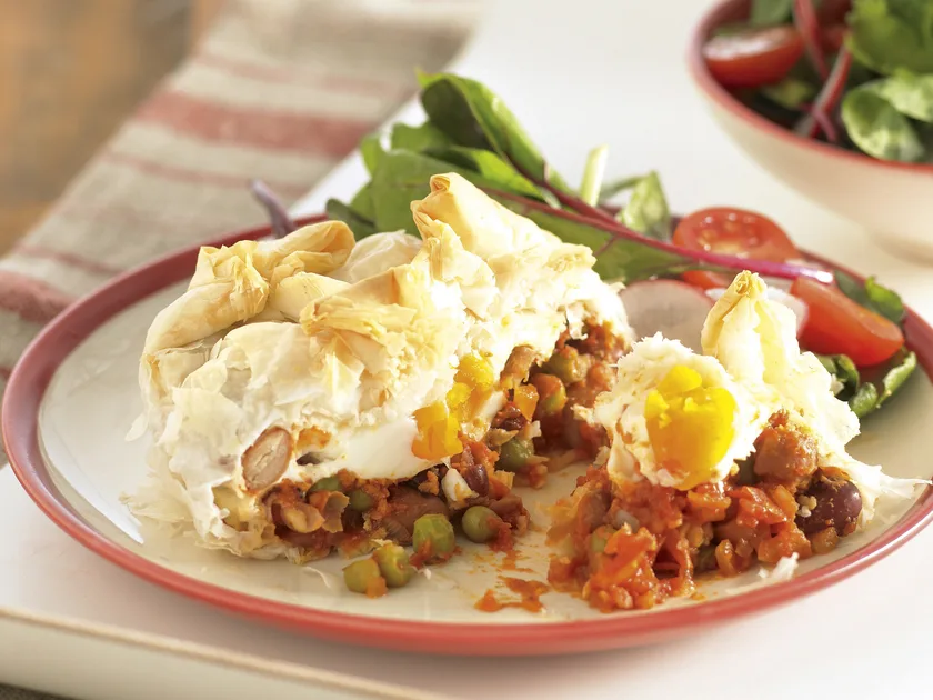 Bean and egg filo pies