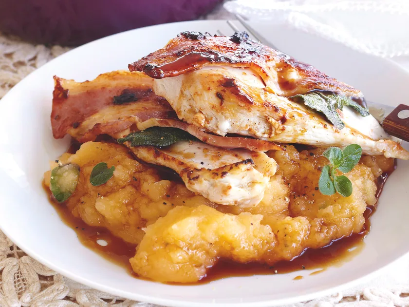 Chicken saltimbocca with swede mash