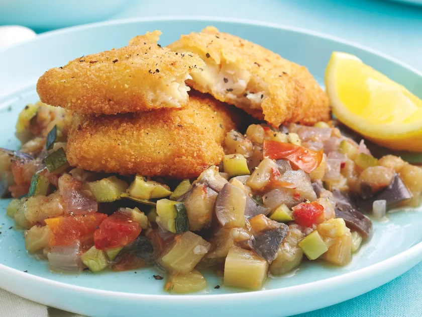 Crumbed fish with ratatouille